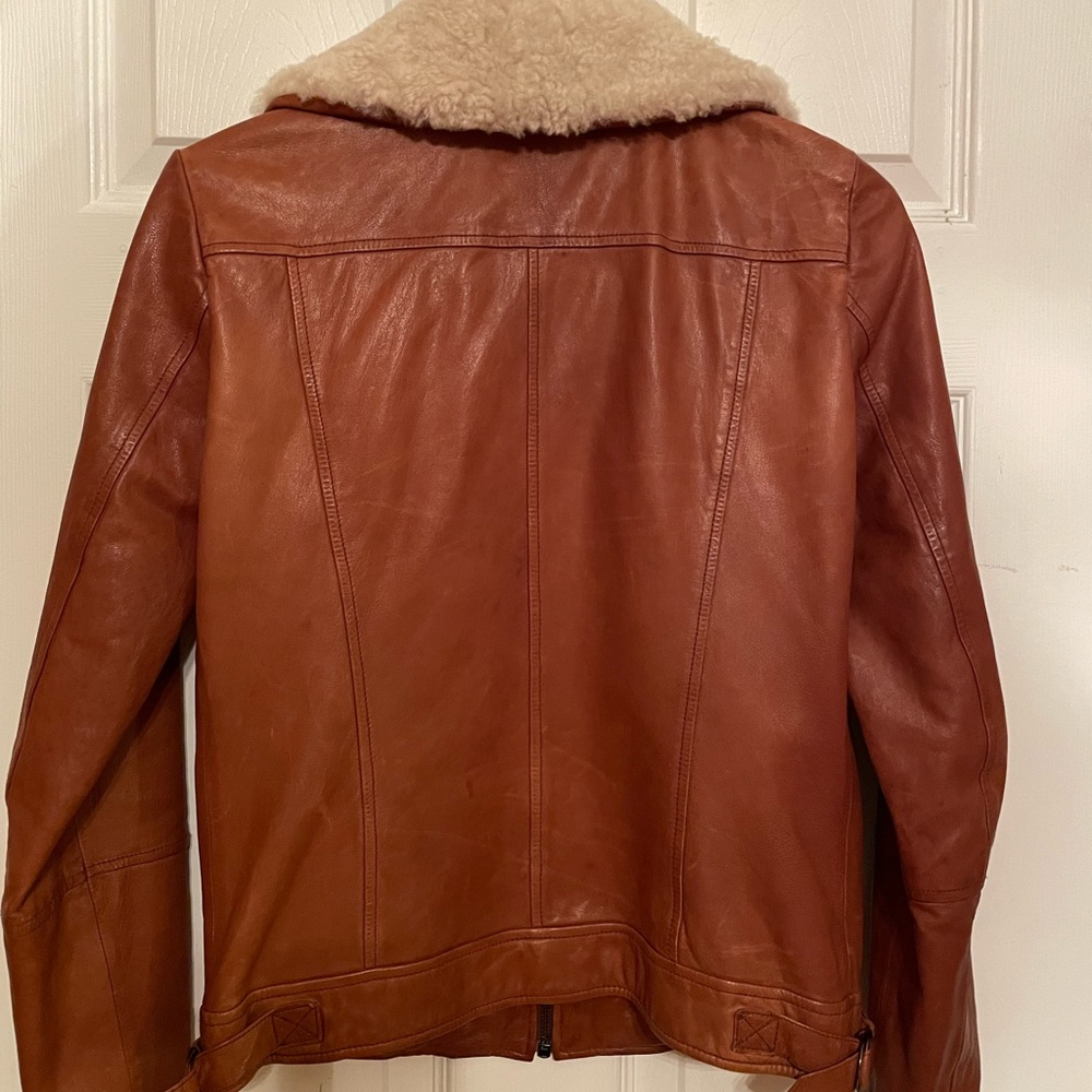 Cognac Leather Jacket With Shearling Collar - Gem